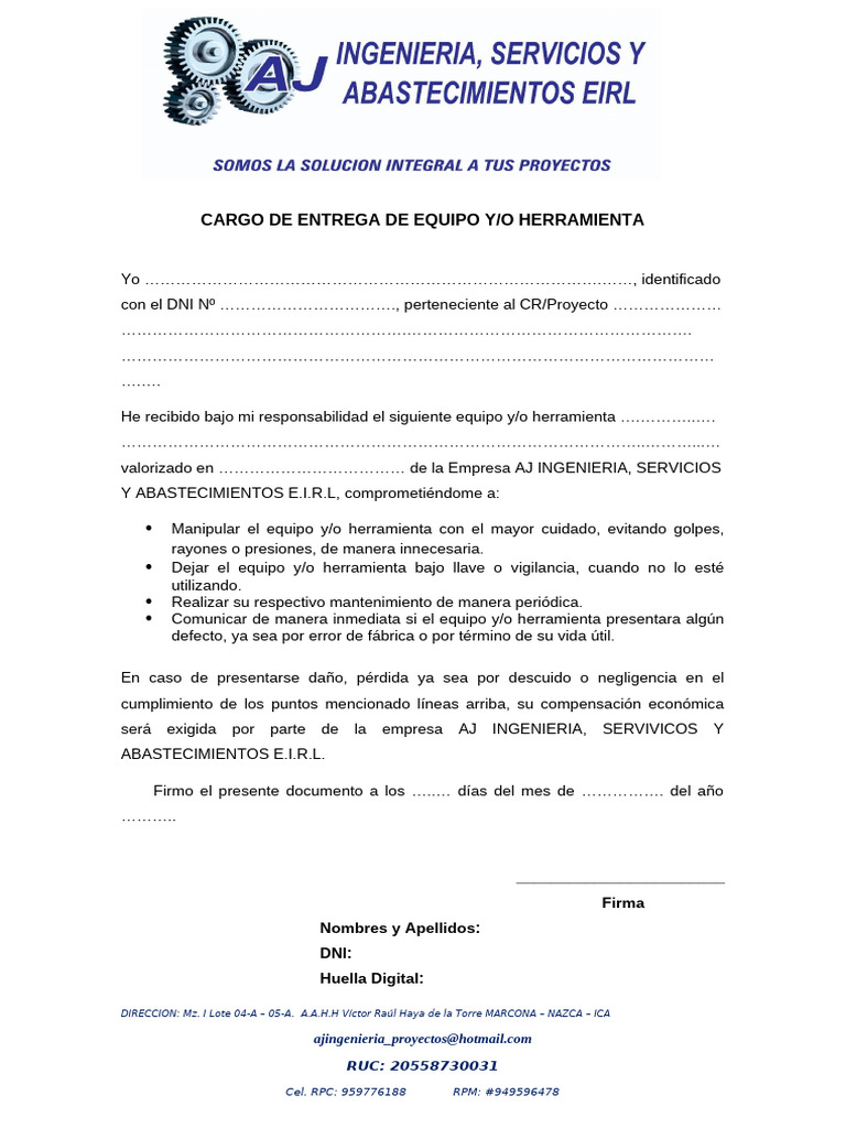Cargo de Entrega de Equipos y Herramientas | PDF