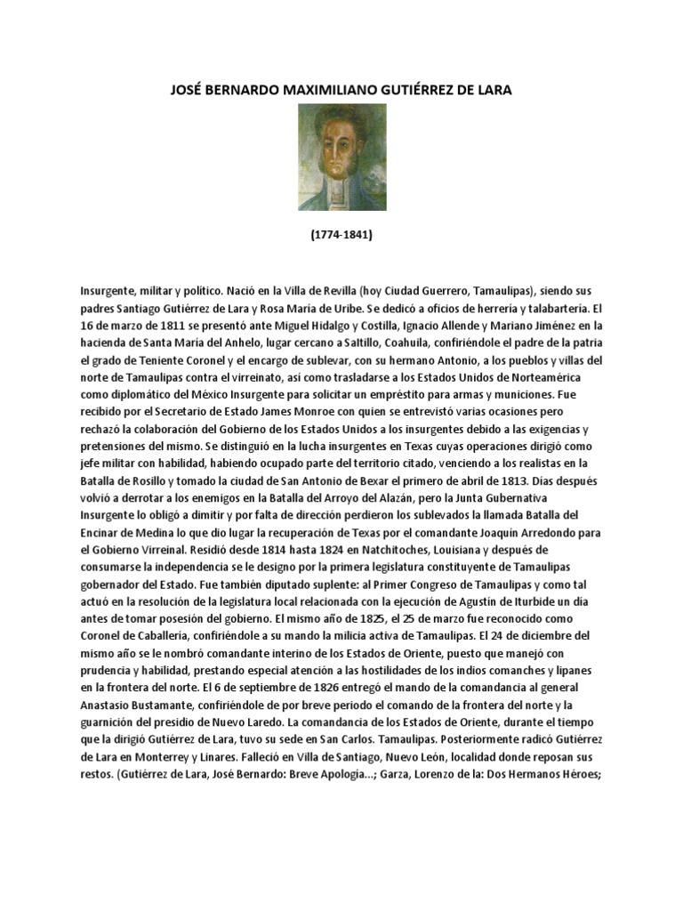 Historia de José Bernardo Maximiliano Gutiérrez de Lara | PDF ...
