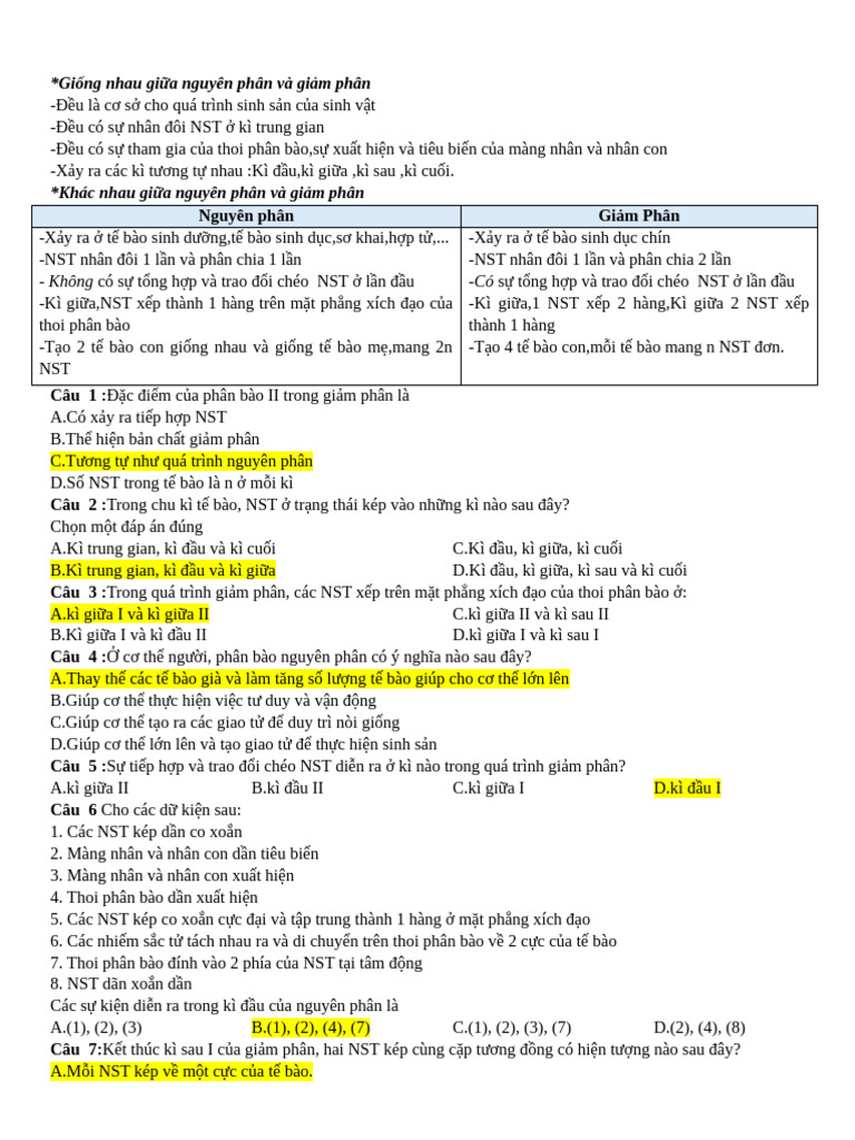 Giống Nhau Giữa Nguyên Phân Và Giảm Phân | PDF
