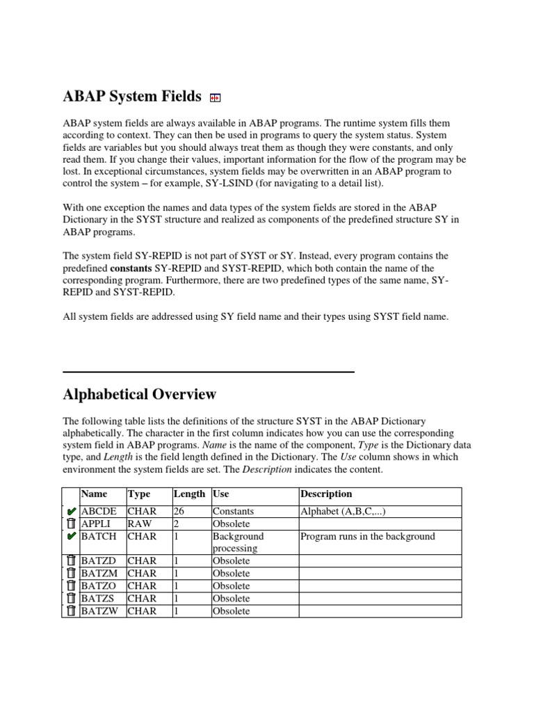 Abap Sys Fields Pdf Subroutine Parameter Computer Programming