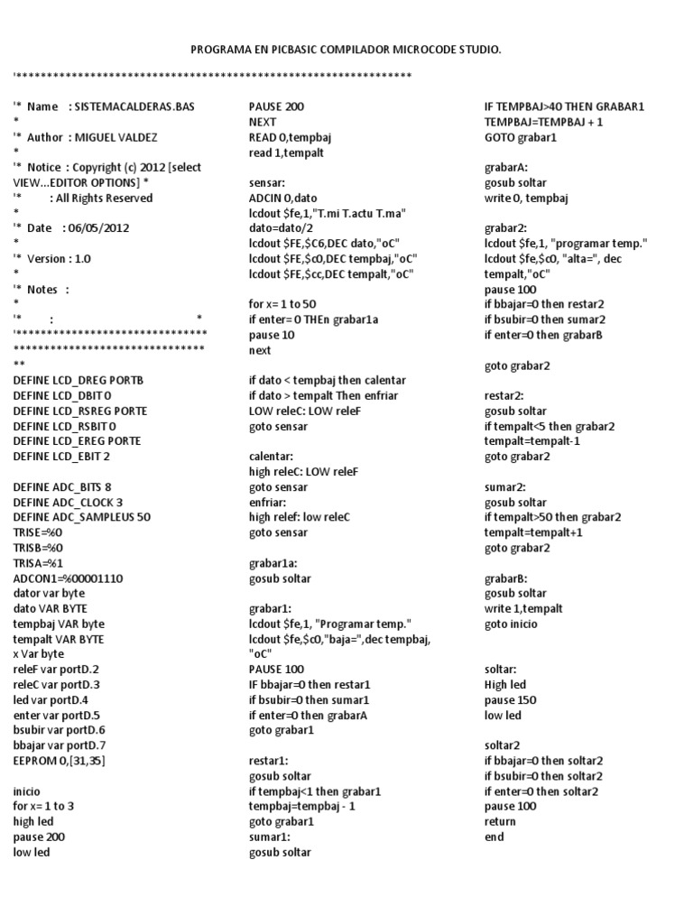 Programa en Picbasic Compilador Microcode Studio PDF | PDF