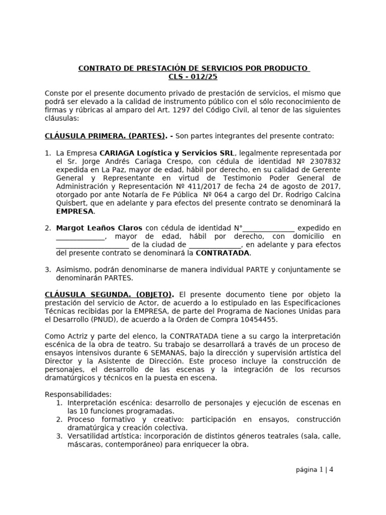 CONTRATO 012-2025 Actriz Margot Leaños Claros | PDF | Arbitraje | Business