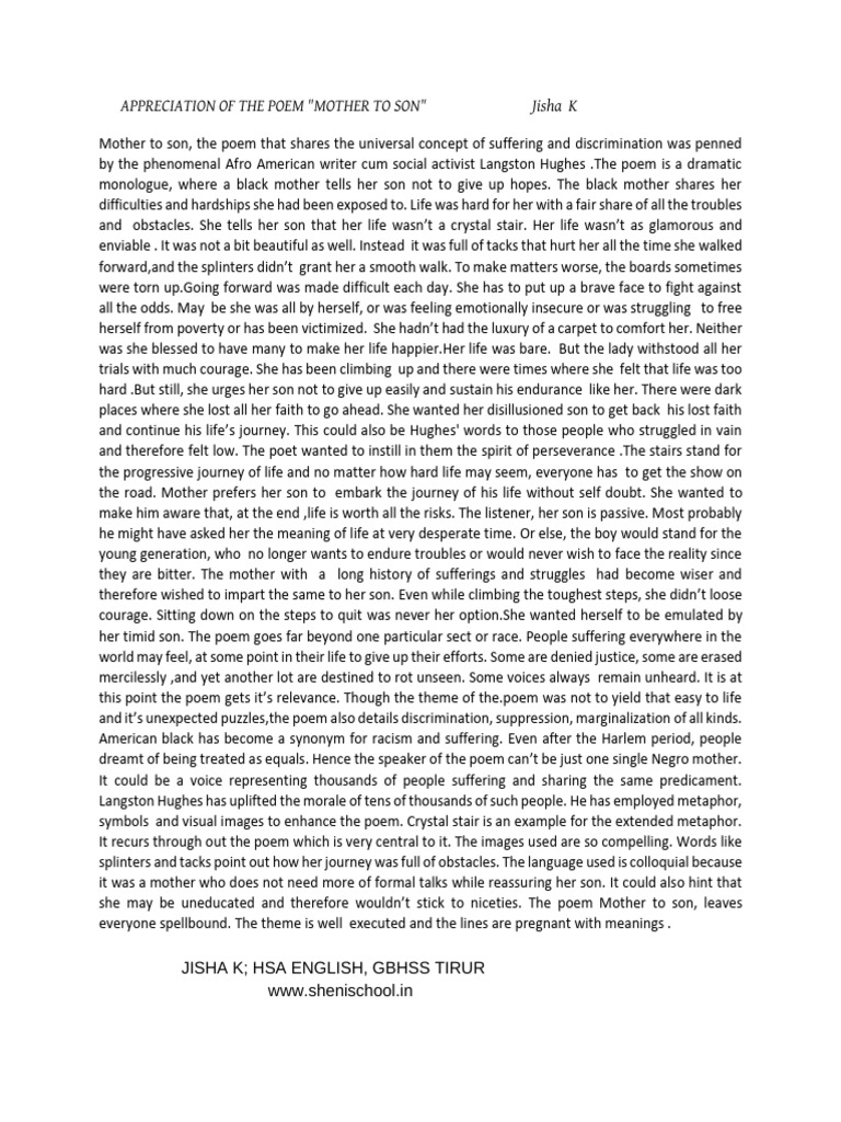 SSLC - English - Appreciation of The Poem - Mother To Son | PDF