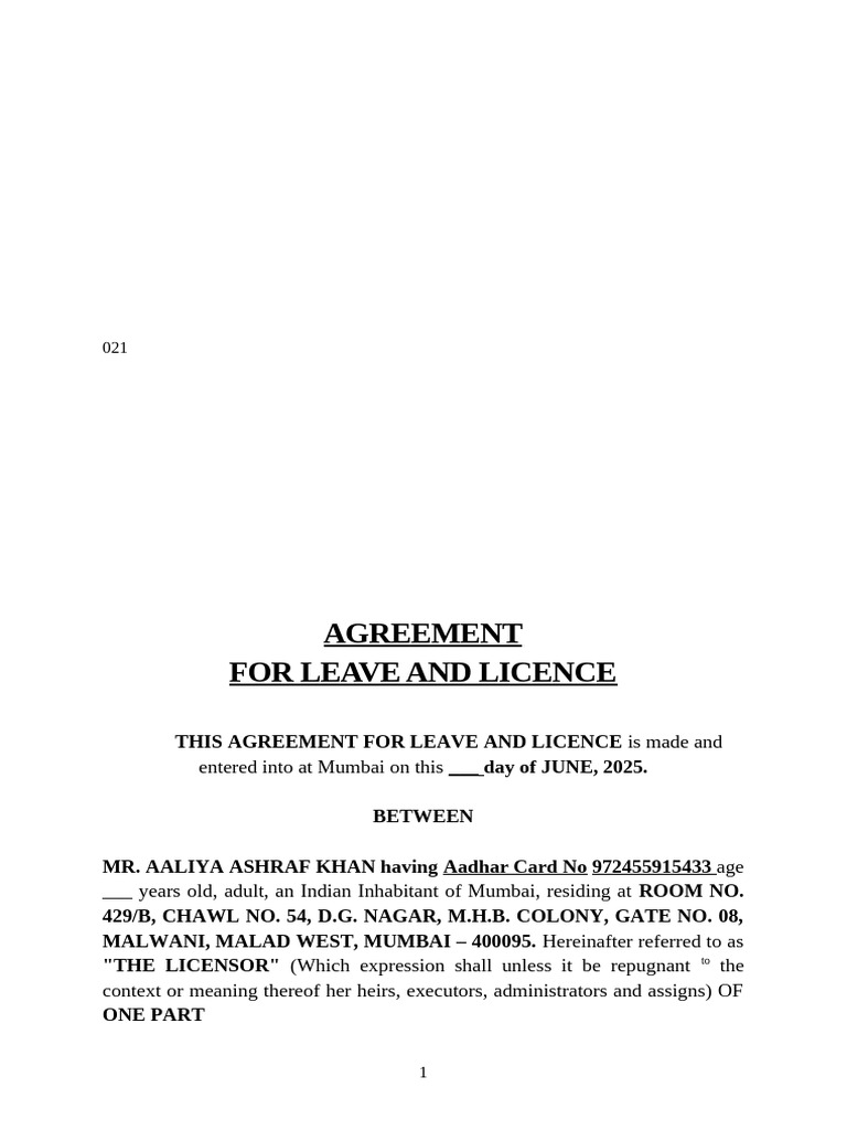 Aaliya Agreement | PDF | License | Landlord