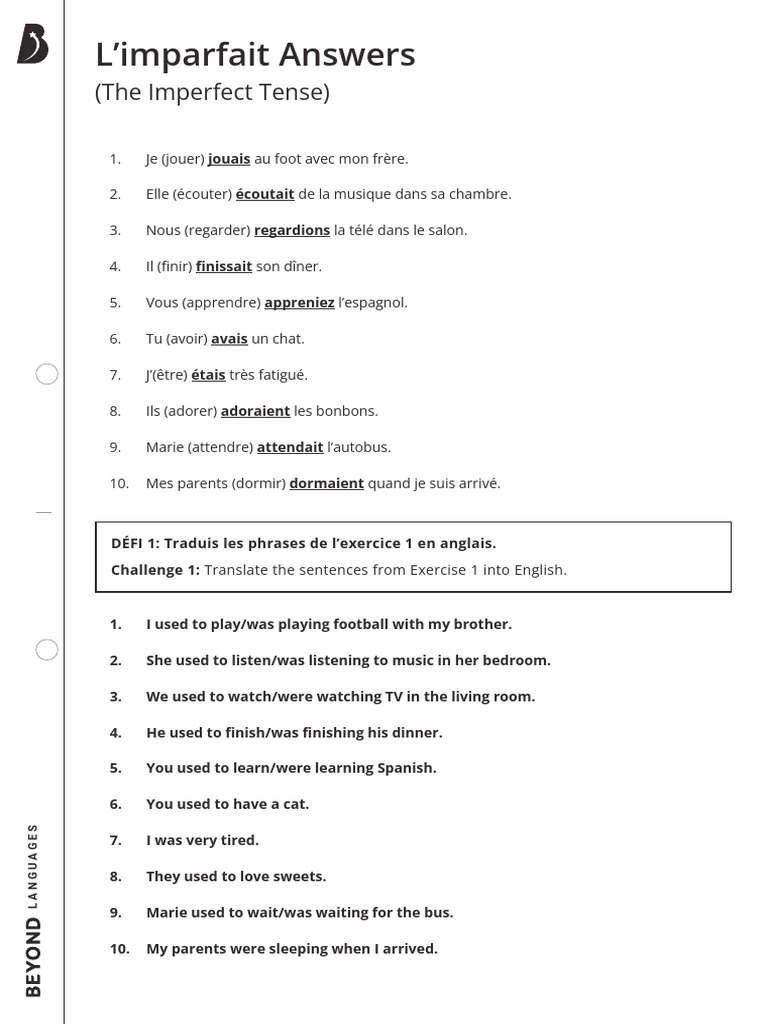 French Imperfect Tense Practice Activity Sheet Answers | PDF