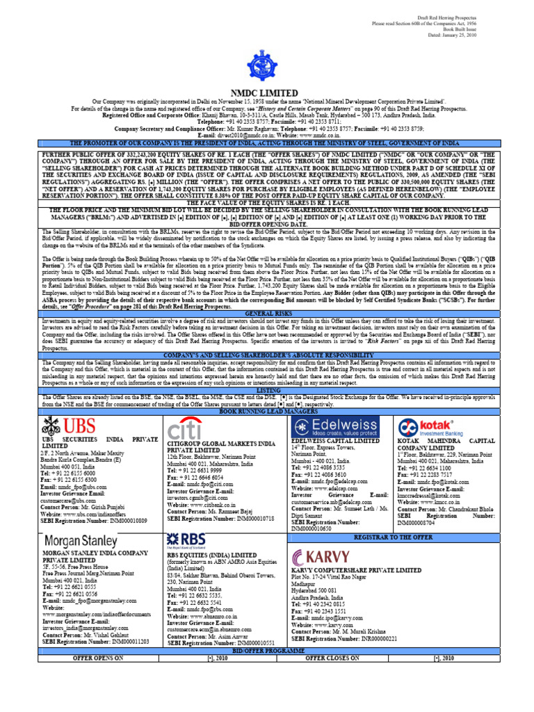 NMDC Draft Red Herring Prospectus | PDF | Audit | Equity (Finance)