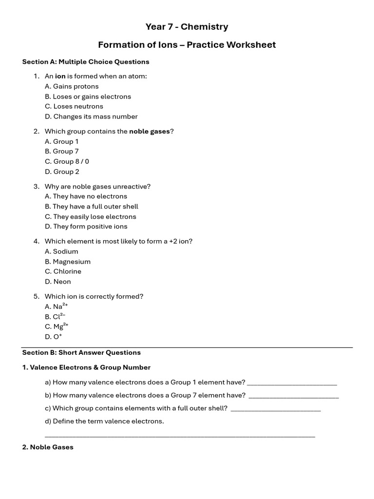 Year 7 - Formation of Ions - Worksheets | PDF | Ion | Chemical Elements