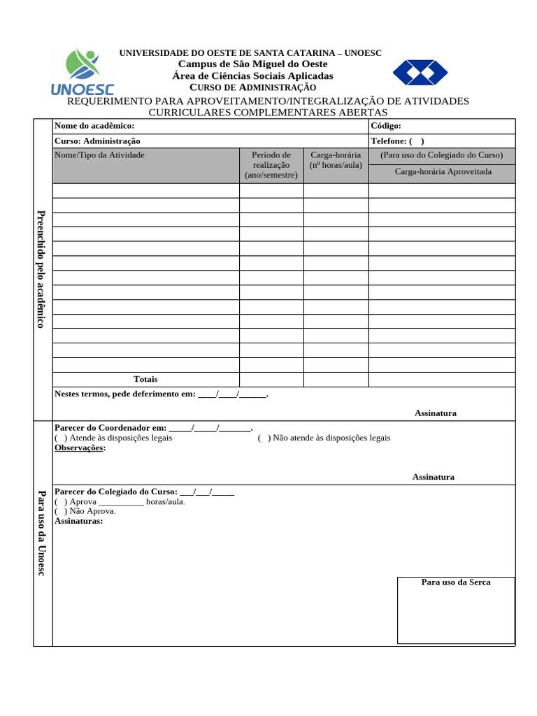 Modelo de Requerimento para Aproveitamento Das Atividades Curriculares ...