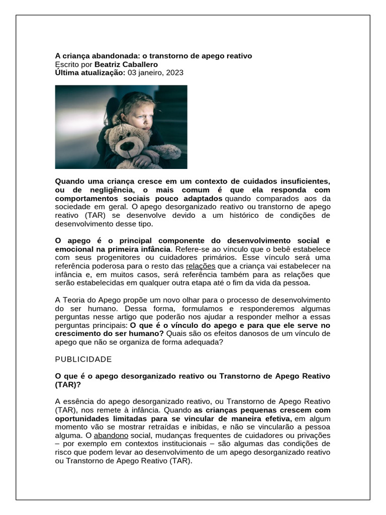 TAR - A Criança Abandonada | PDF | Teoria do Apego | Saúde mental