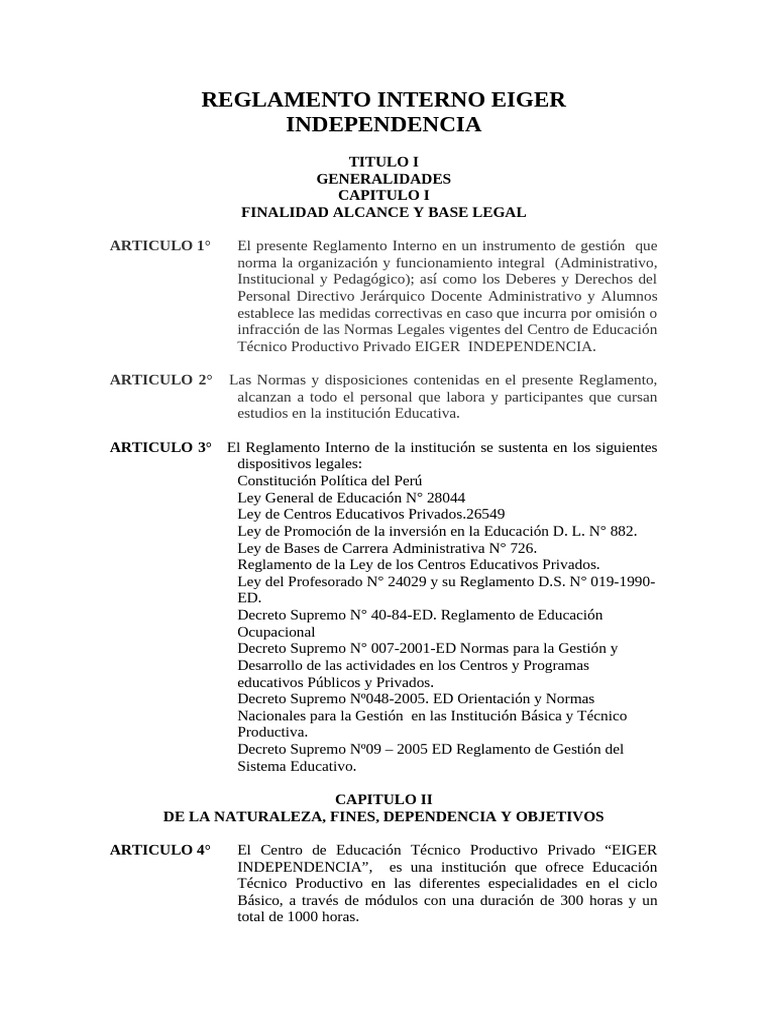 Reglamento Interno Eiger Independencia | PDF | Evaluación | Derecho laboral