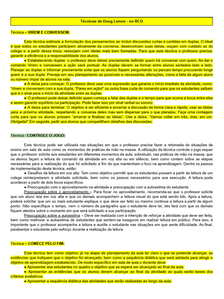 Técnicas Doug Lemov Presentes Na Aba de Obs. | PDF | Lição | Aprendizado