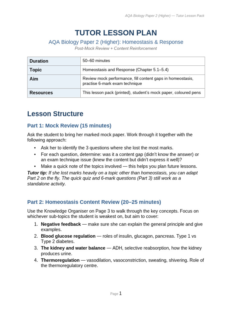 Biology Paper2 Homeostasis Lesson Pack | PDF