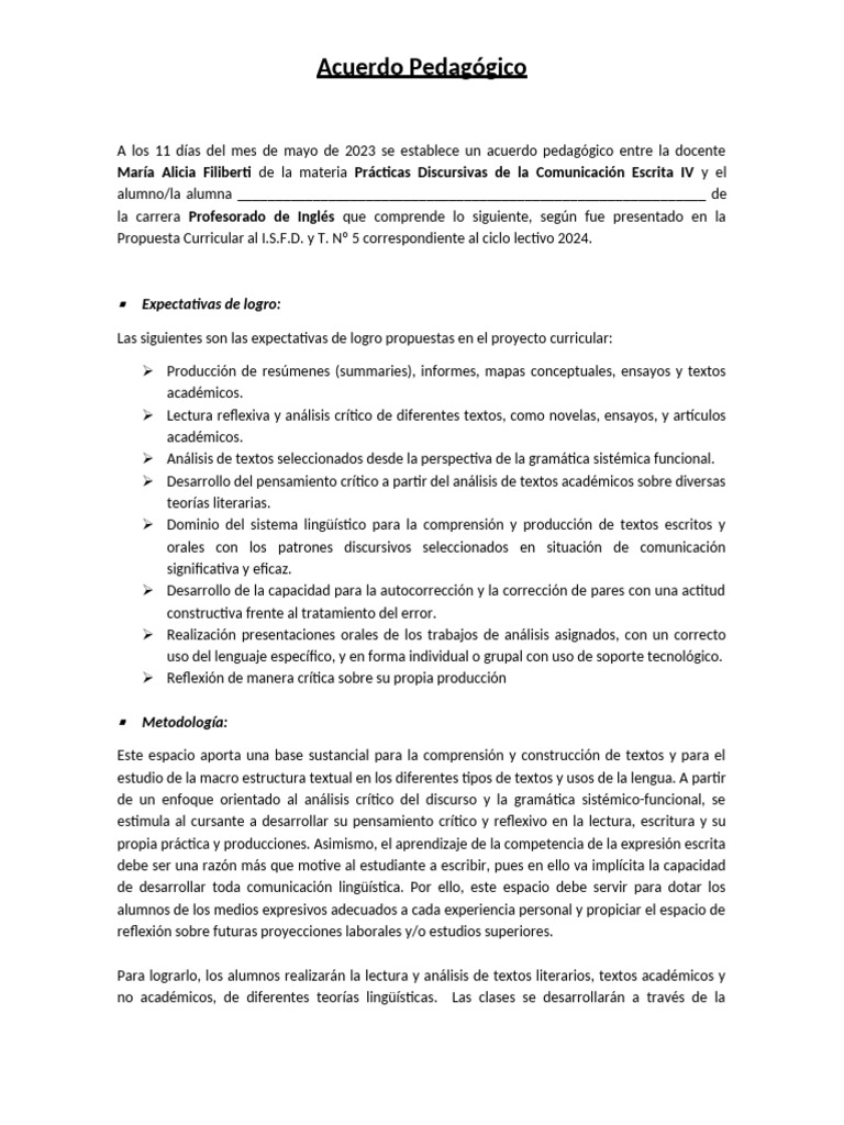 Acuerdo Pedagógico - Prácticas Discursivas de La Comunicación Escrita ...