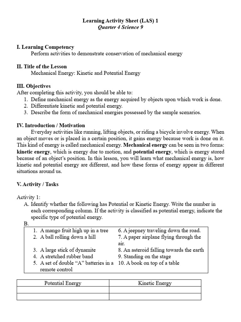 Learning Activity Sheet Mechanical Energy Kinetic and Potential Energy ...