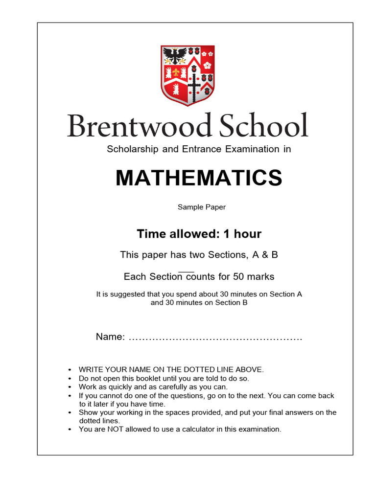 EP Brentwood School 11 Plus Maths Sample Paper | PDF | Area | Arithmetic