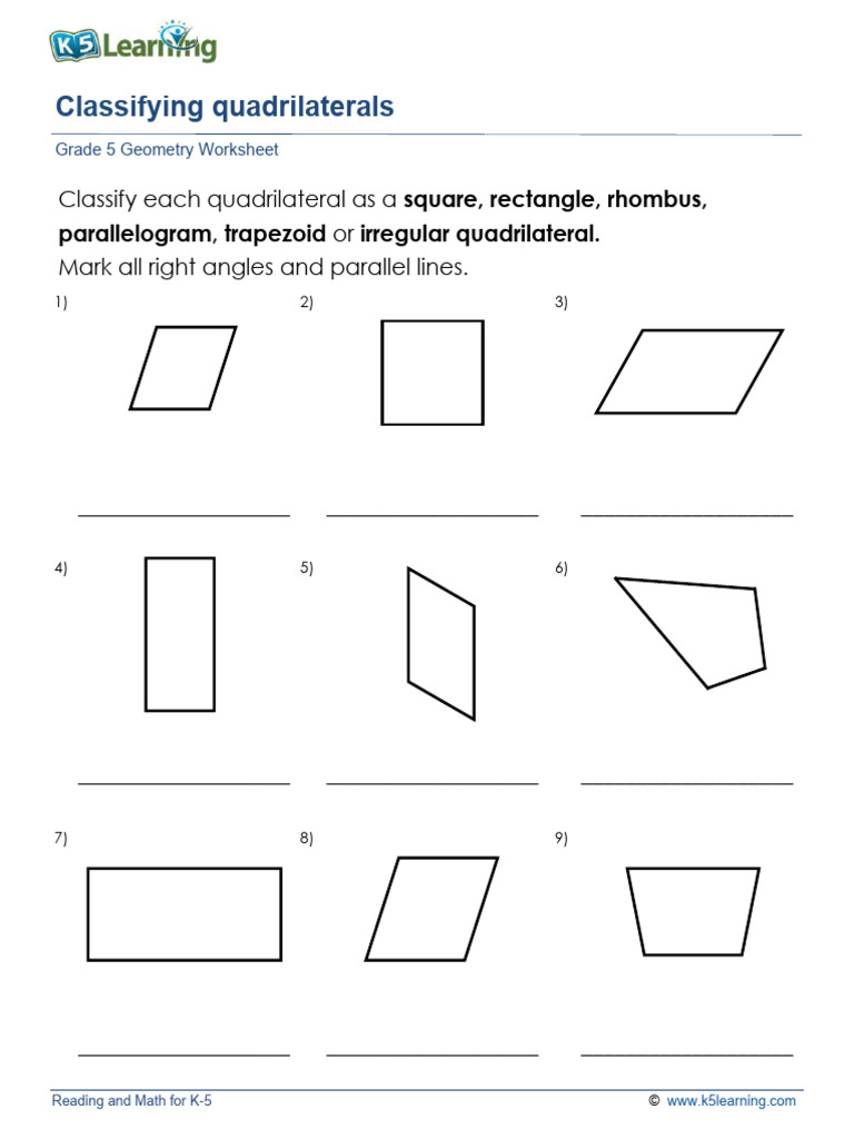 Grade 5 Geometry Classifying Quadrilaterals A | PDF