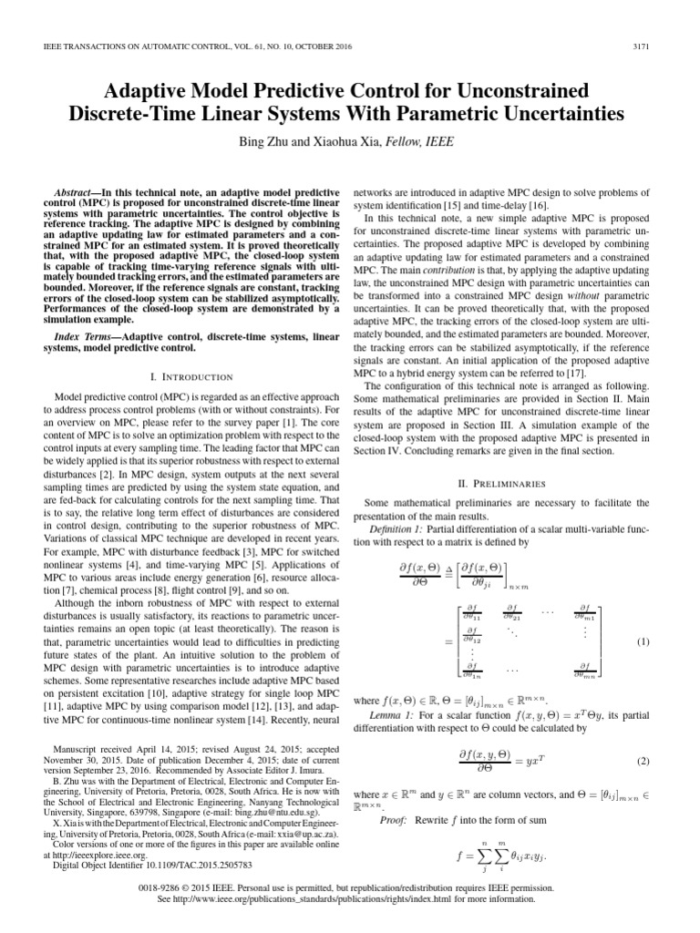 Adaptive Model Predictive Control For Unconstrained Discrete-Time ...