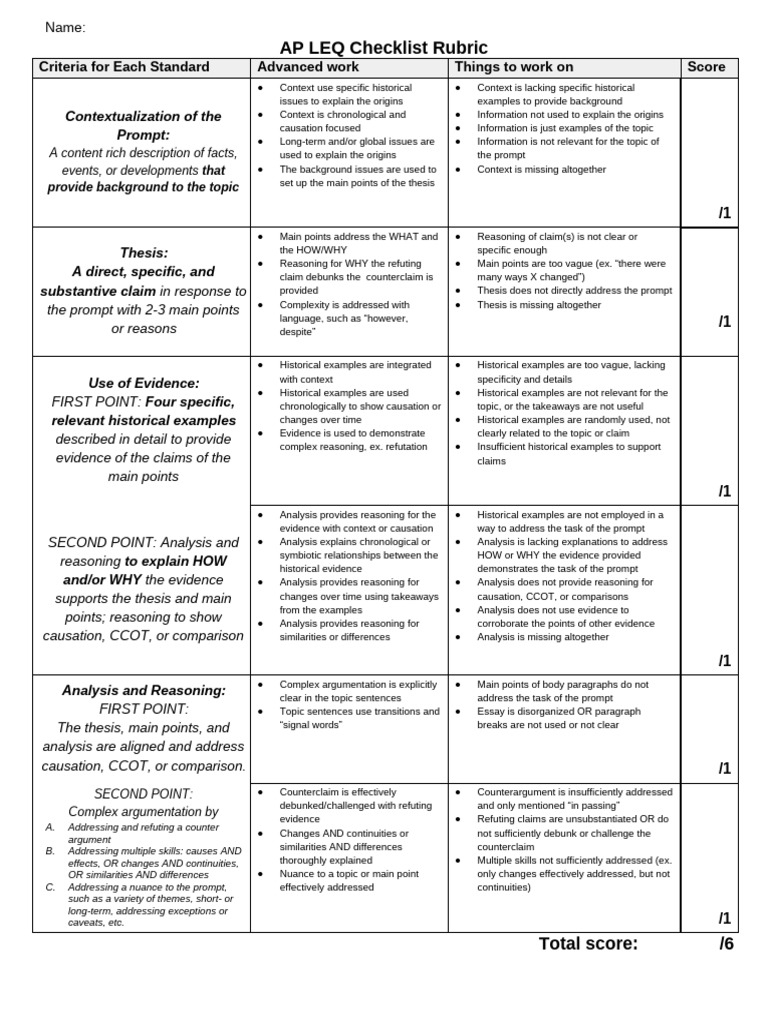 AP LEQ Checklist Rubric | PDF | Argument | Causality