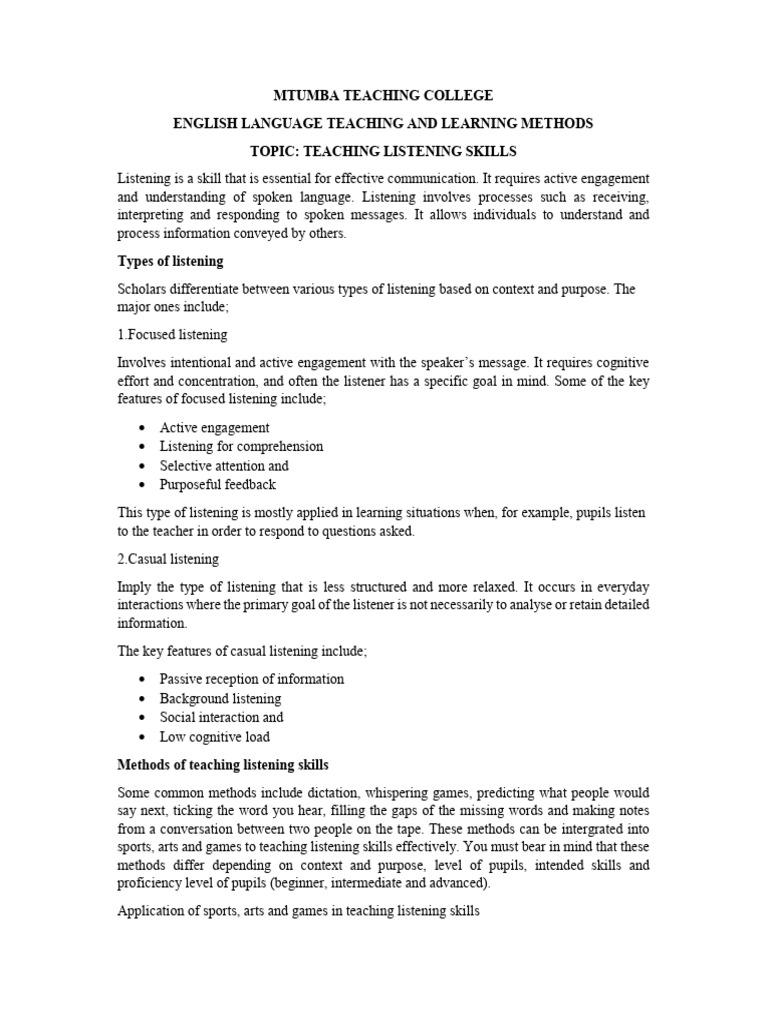 Teaching Listening Skills | PDF | Reading Comprehension | Learning