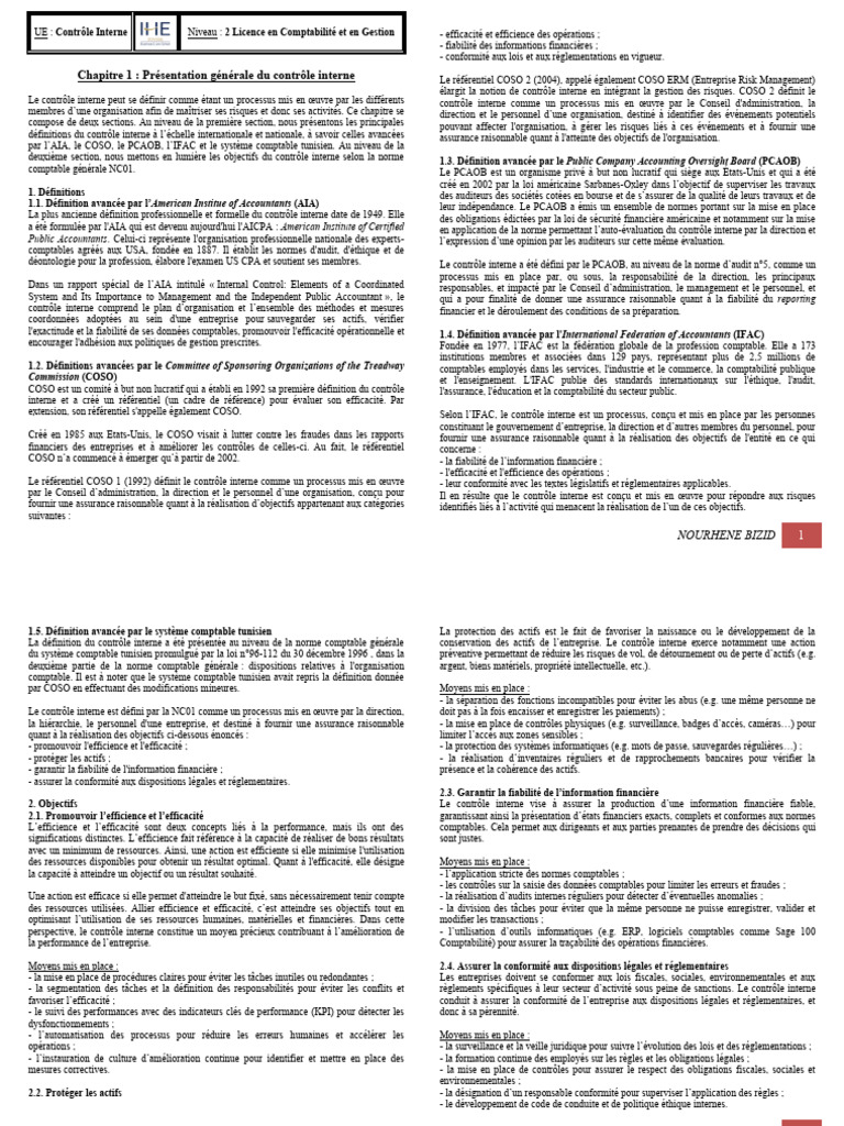 Chapitre 1 Actualisée - Nourhane Bizid | PDF | Contrôle interne | Audit