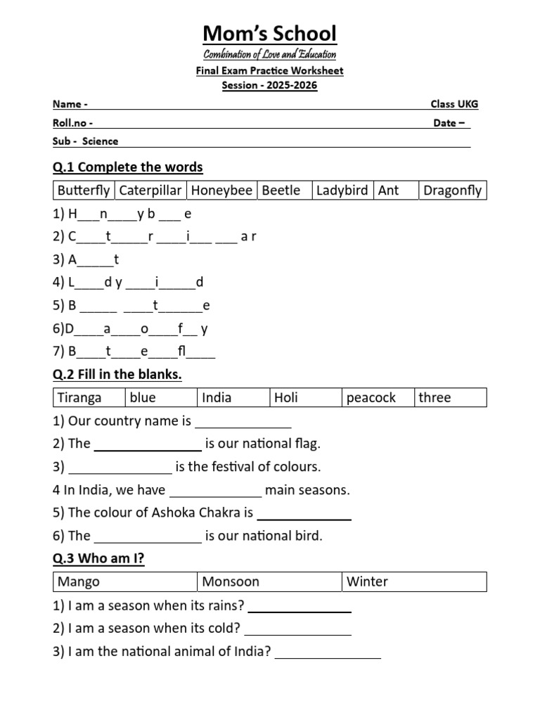 Science Practice Worksheet (Ukg) Final Exam 2025-26 | PDF