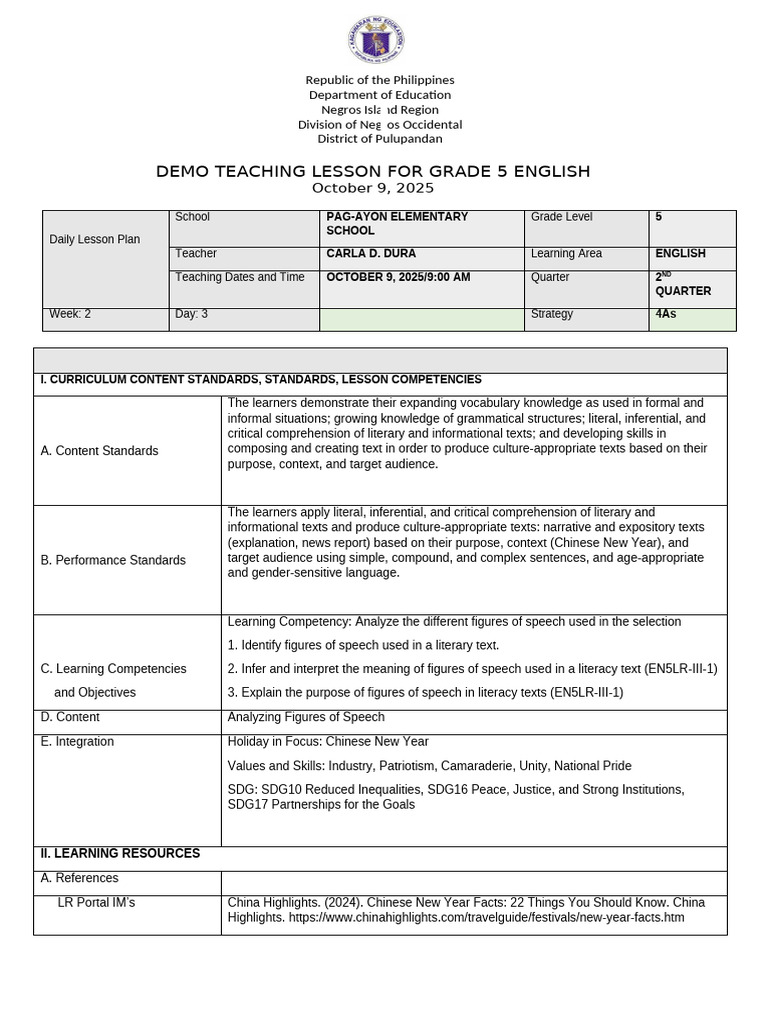 Eng5 Lesson Plan Demo-Dura | PDF | Reading Comprehension | Human ...