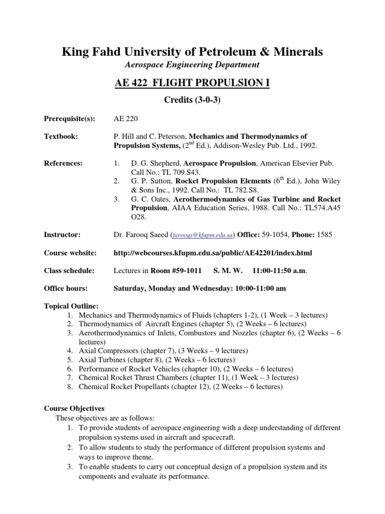 Lecture Reading Books Flight Propulsionfiles 1-Syllabus AE422 FLT ...