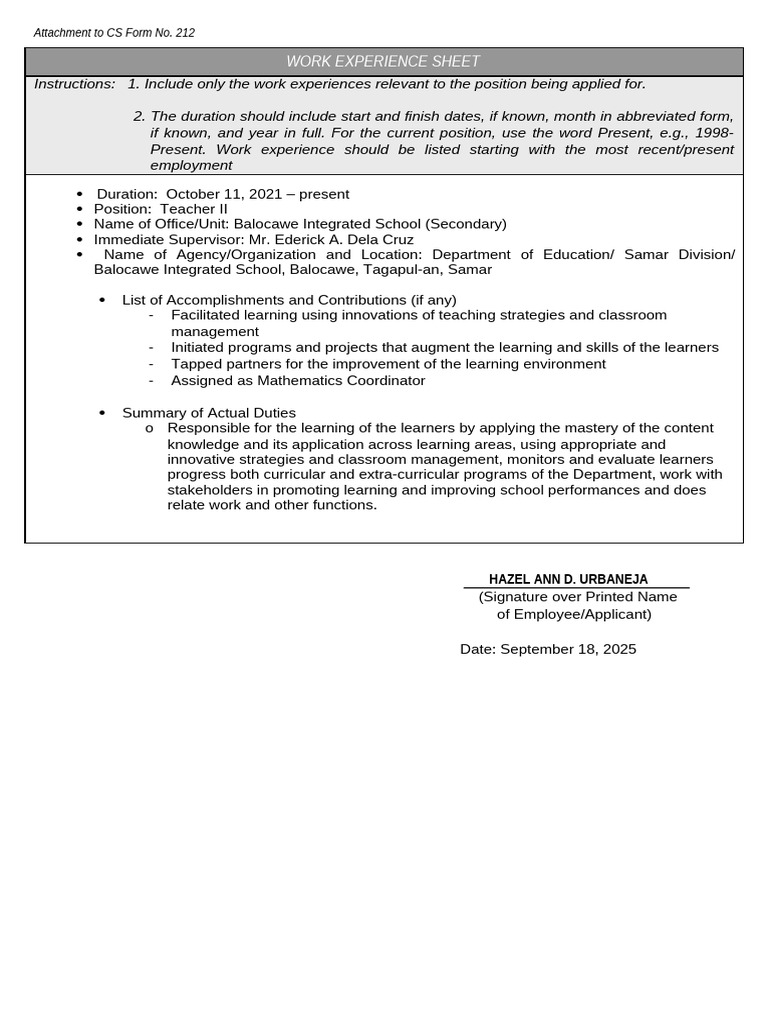 Hazel Ann 2025 Work Experience Sheet | PDF