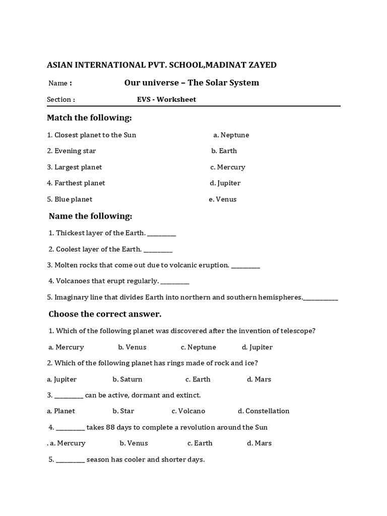 Our Universe - The Solar System Worksheet | PDF