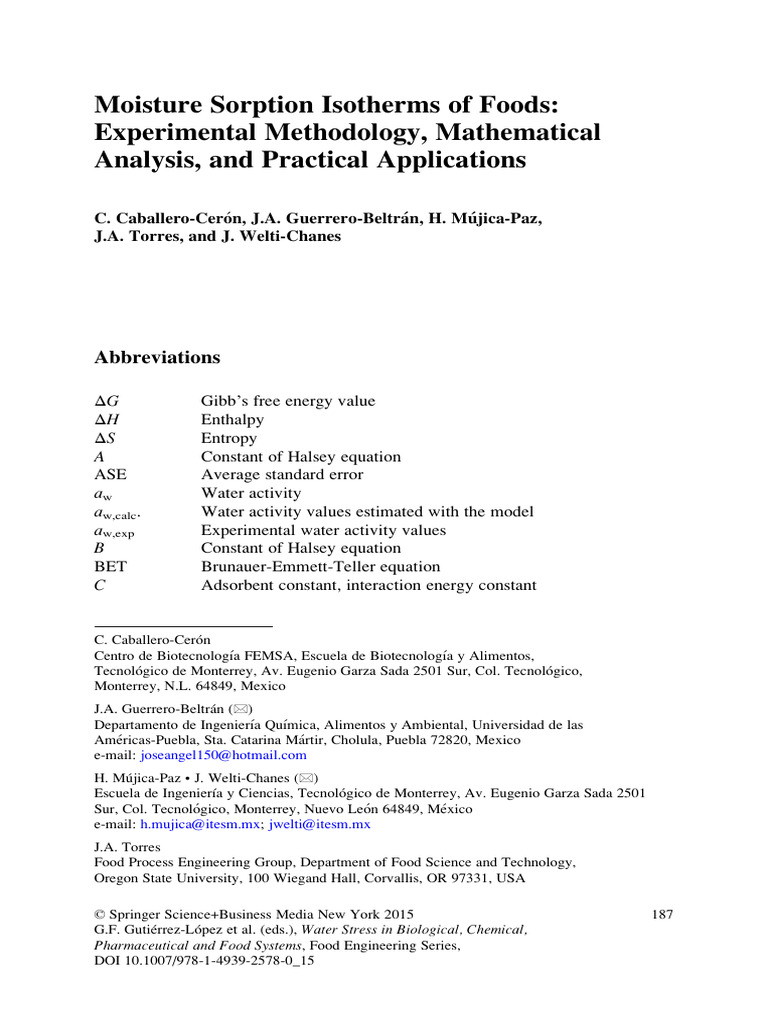 Moisture Sorption Isothermsof Foods Experimental Methodology ...