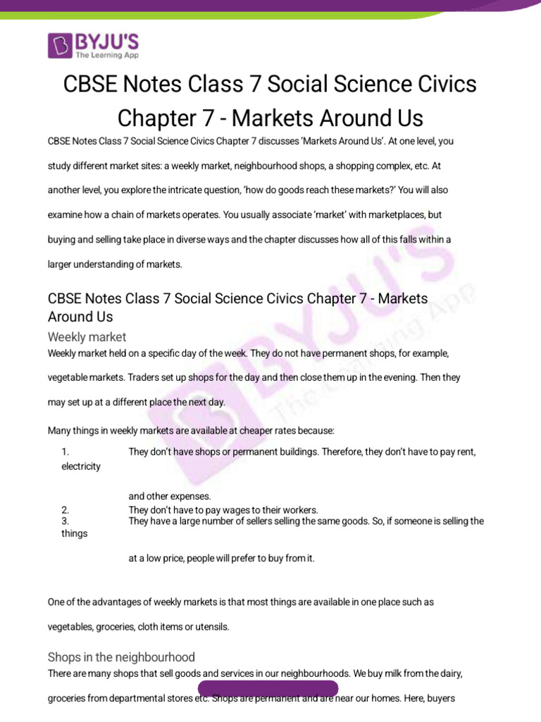 CBSE Notes Class 7 Social Science Civics Chapter 7 Markets Around Us ...
