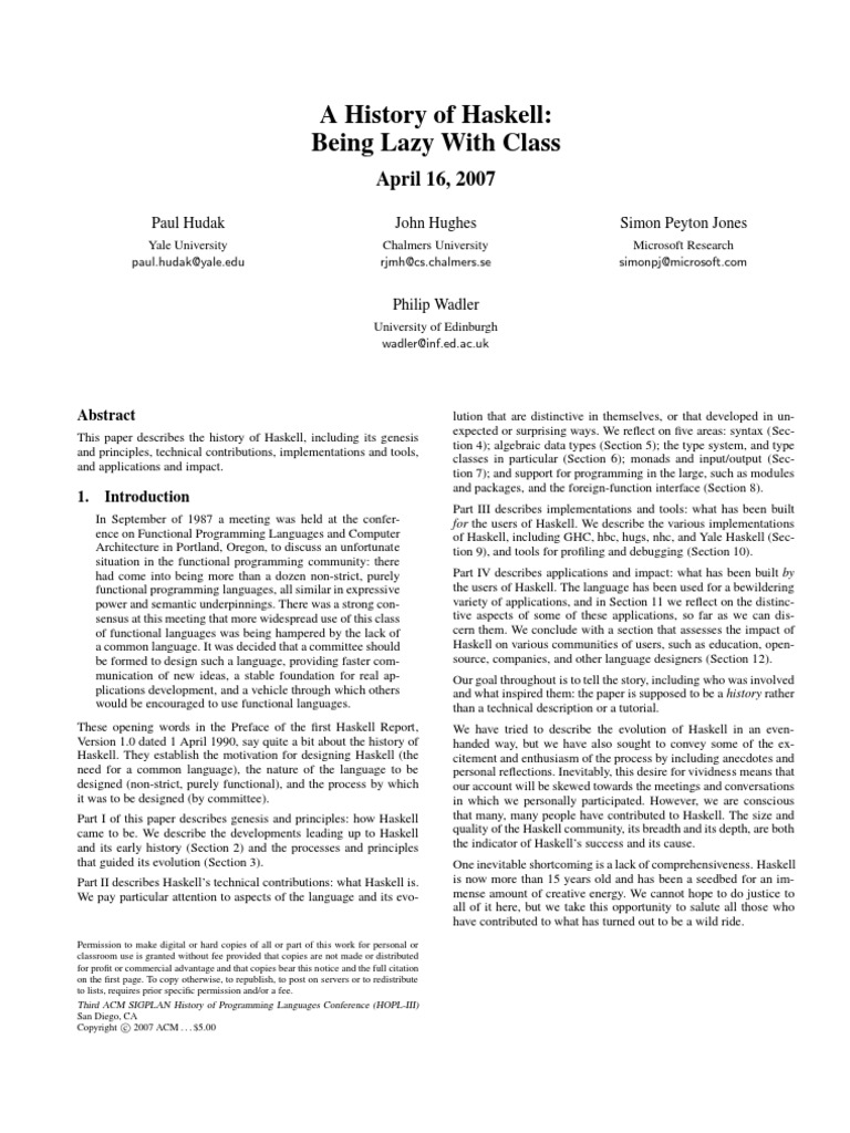 A History of Haskell: Being Lazy With Class: April 16, 2007 | PDF
