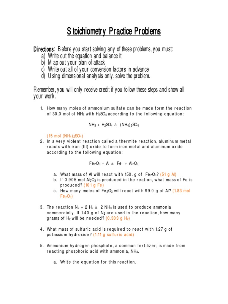 Stoichiometry Practice Problems Worksheet | PDF | Nitrogen | Mole (Unit)