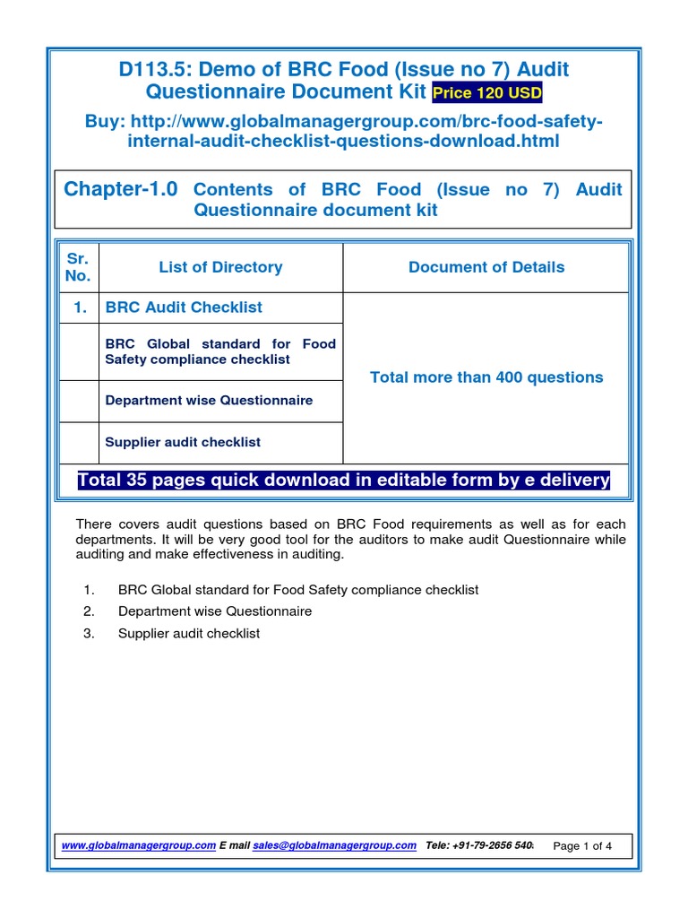 BRC Food Issue 7 Audit Checklist | PDF | Regulatory Compliance ...