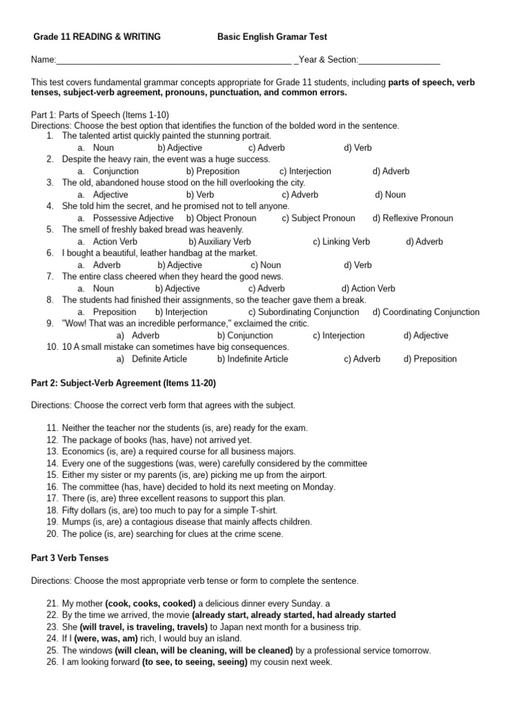 Grammar Test | PDF | Verb | Adverb