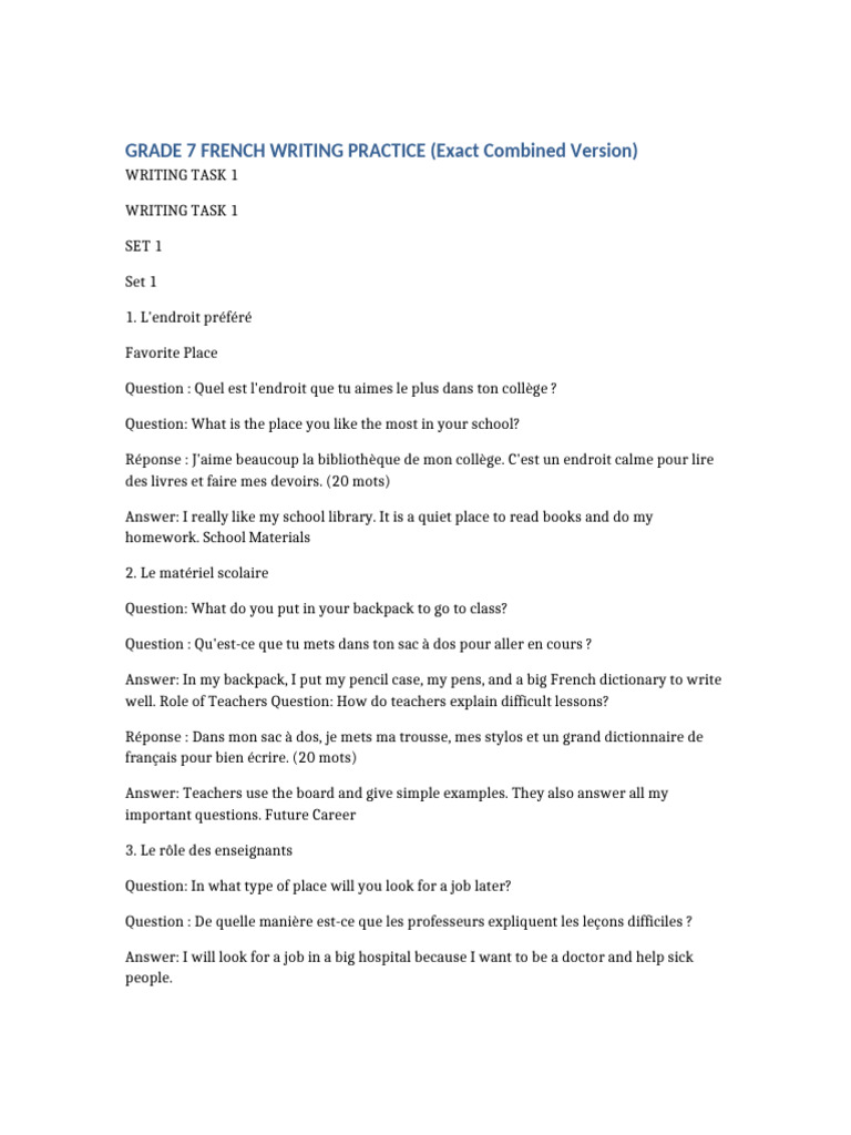 GRADE 7 French Writing Practice Exact Combined | PDF