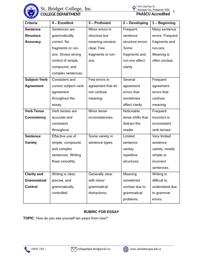 RUBRIC | PDF | Subject (Grammar) | Language Mechanics