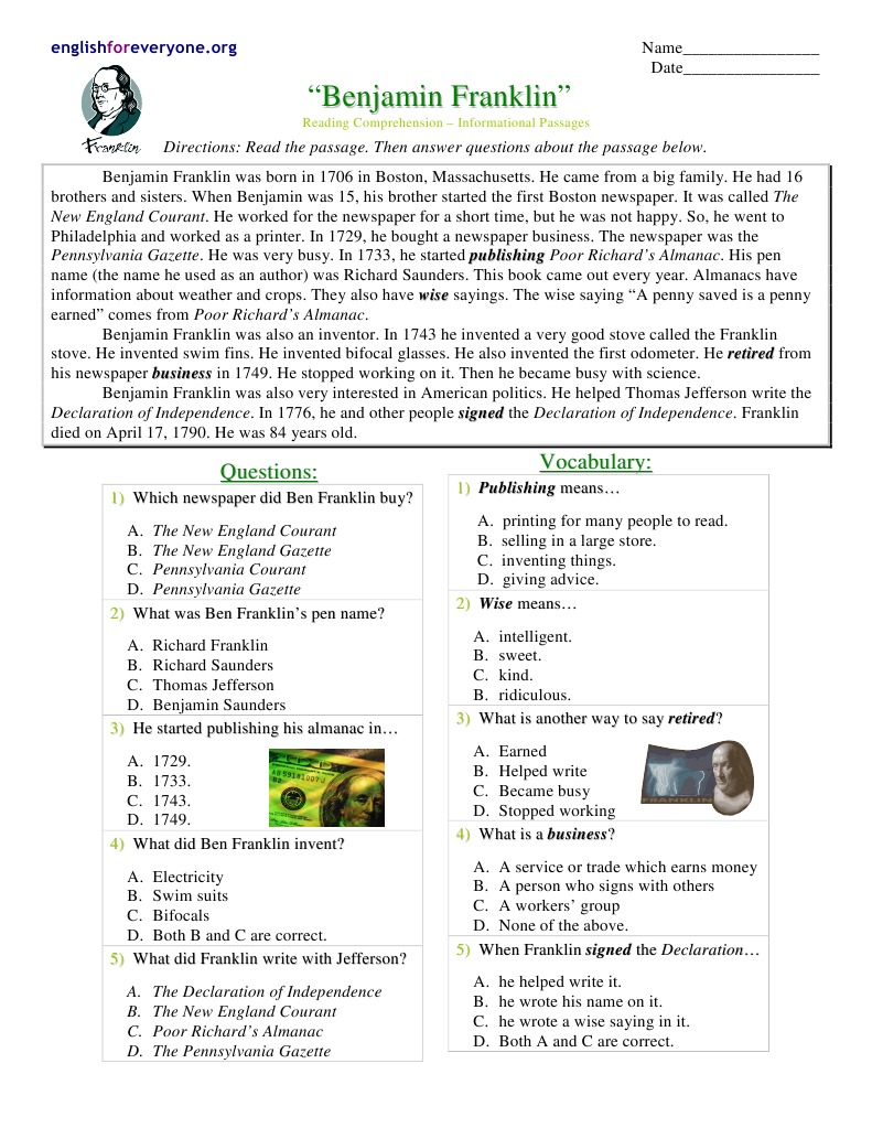 Benjamin Franklin Reading Comprehension | PDF | Benjamin Franklin ...