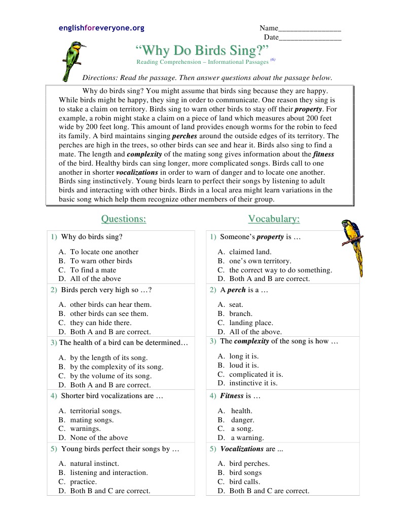 Informational Passages RC - Birdsongs | PDF | Birds | Vertebrates