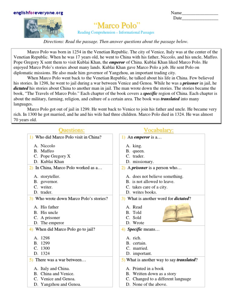 Marco Polo Reading Comprehension Quiz | PDF