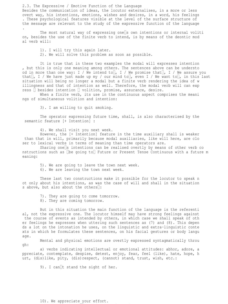 2.3. The Expressive Emotive Function of The Language | PDF | Verb | Noun