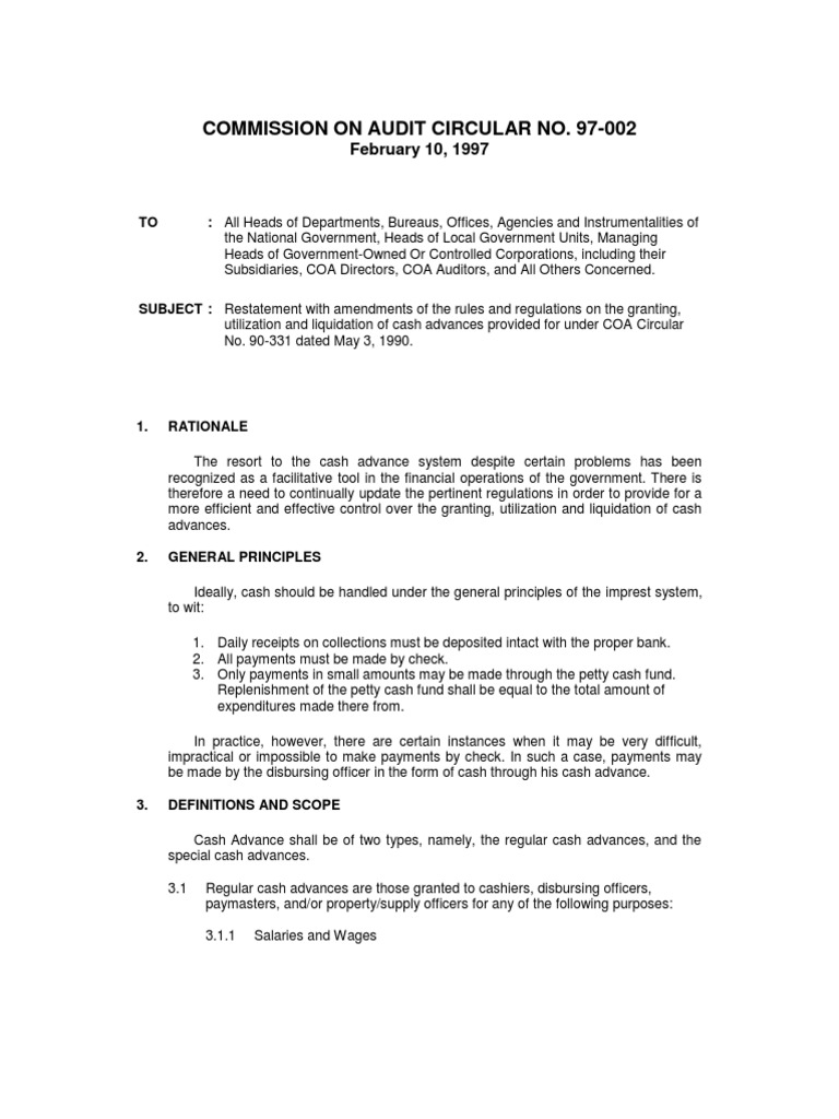 Coa Circular 97-002 (Cash Advance) | PDF | Cheque | Expense