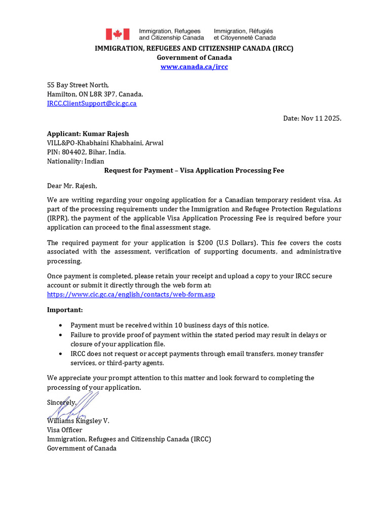 IRCC Visa Payment Request Letter | PDF