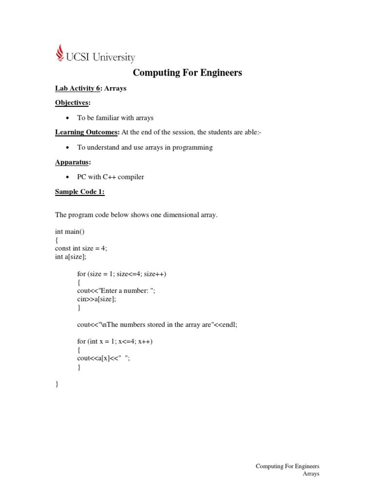 Computing For Engineers: Lab Activity 6: Arrays Objectives | PDF ... Computing For Engineers: Lab Activity 6: Arrays Objectives | PDF ...