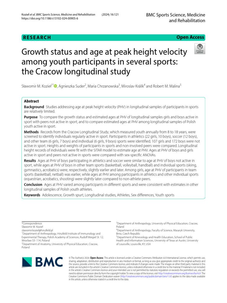 Growth Status and Age at Peak Height Velocity Among Youth Participants ...