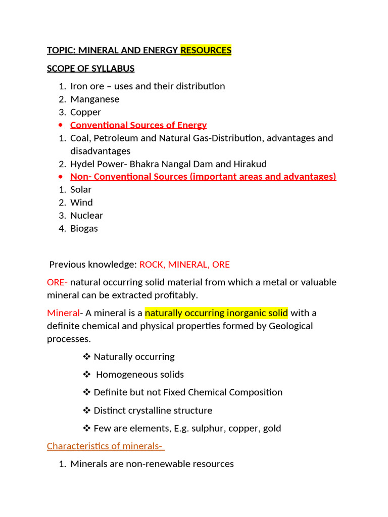 Class 10 Mineral and Energy Resources | PDF