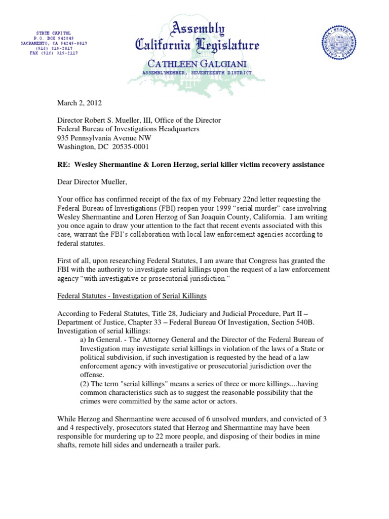 Assemblymember Cathleen Galgiani Letter To FBI | PDF | Federal Bureau ...