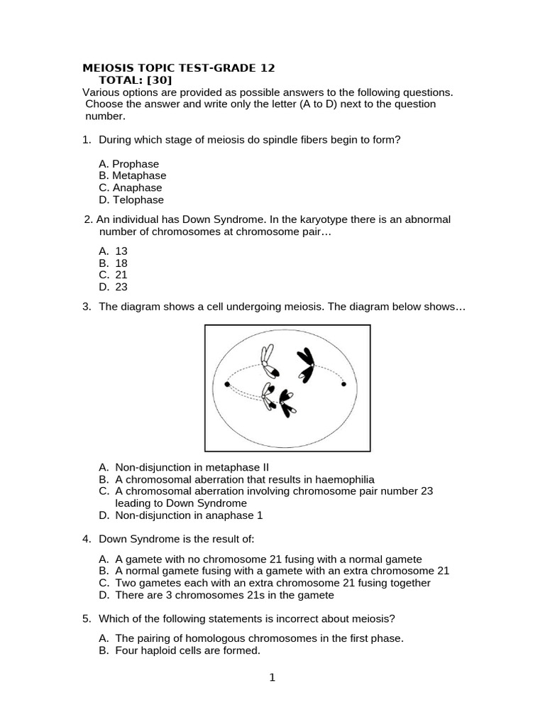 Meiosis Grade 12 Topic Test | PDF | Meiosis | Chromosome