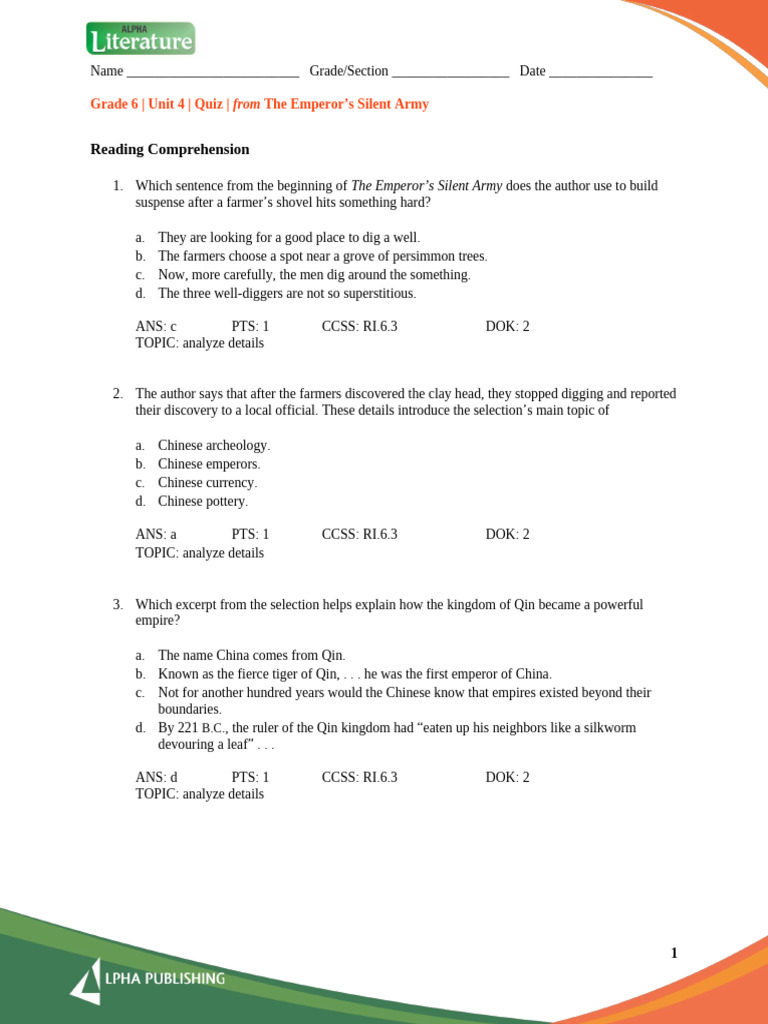 Grade 6 Unit 4 Quiz Week 3 Teacher | PDF