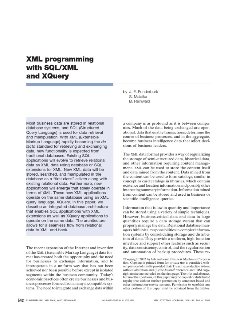 XML Programming With SQL/XML and Xquery: Facto Standard For Retrieving and Exchanging | PDF ...